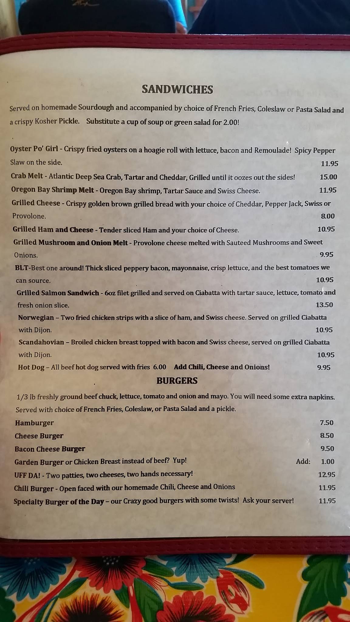 Menu at The Crazy Norwegian's Fish & Chips restaurant, Port Orford
