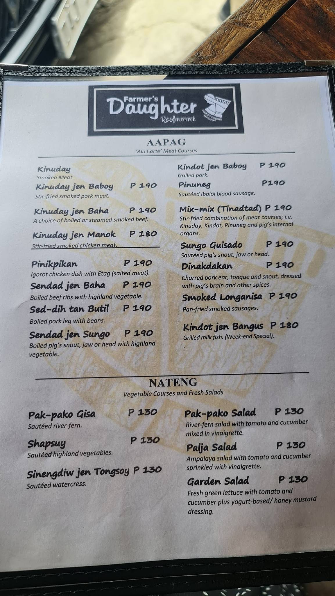 Menu at The Farmer's Daughter Restaurant, Baguio