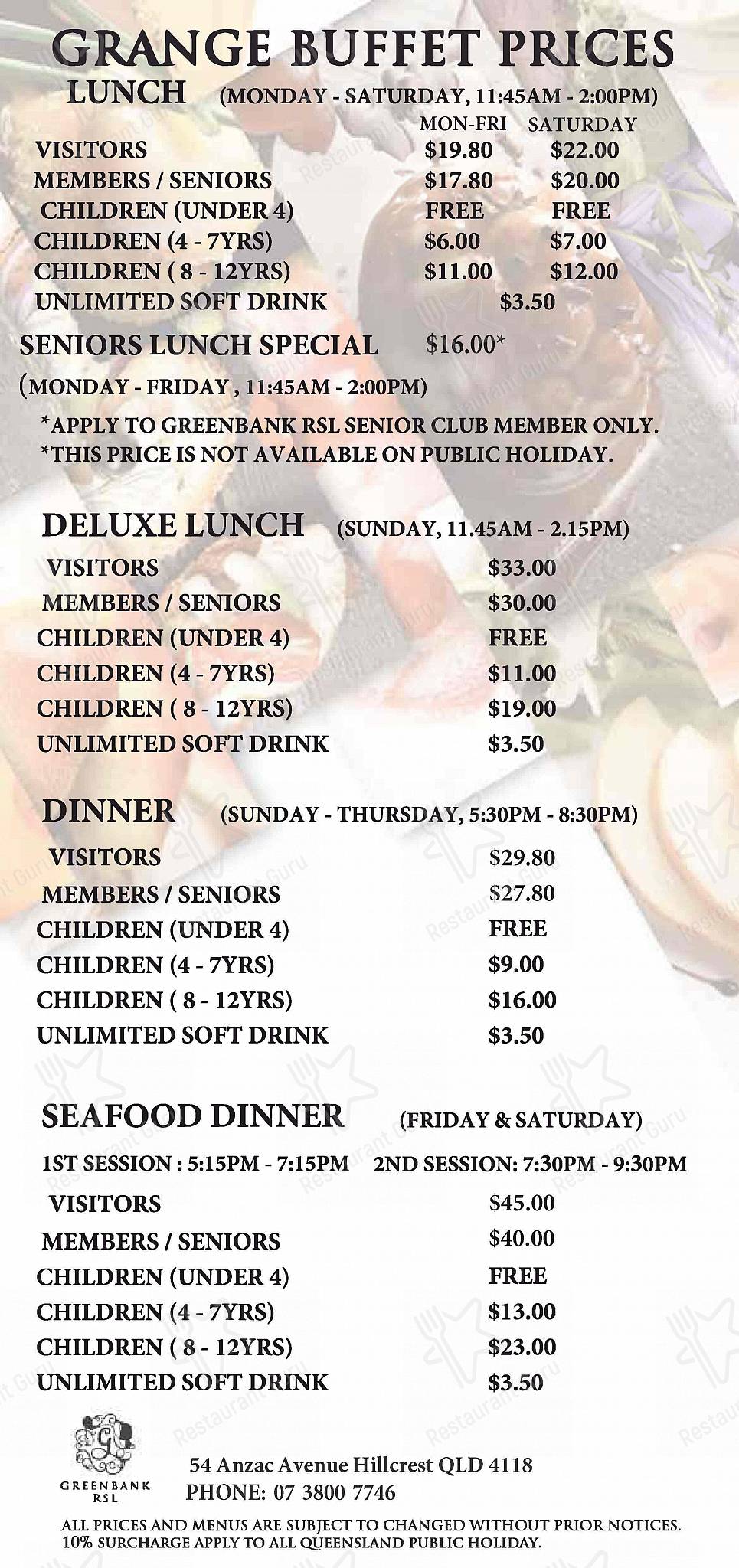 Menu at The Grange Buffet restaurant, Hillcrest