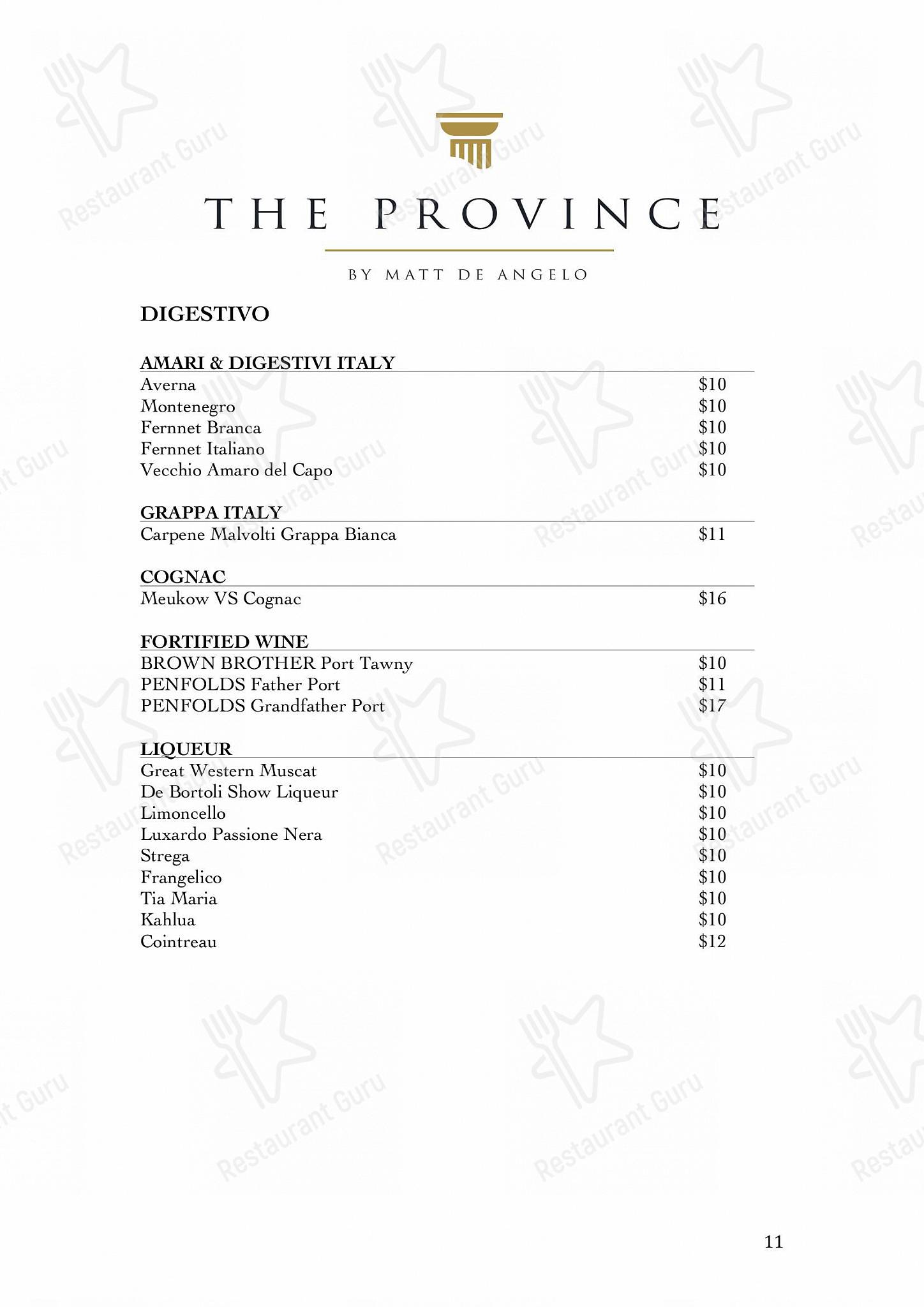 Menu at The Province restaurant, Mildura