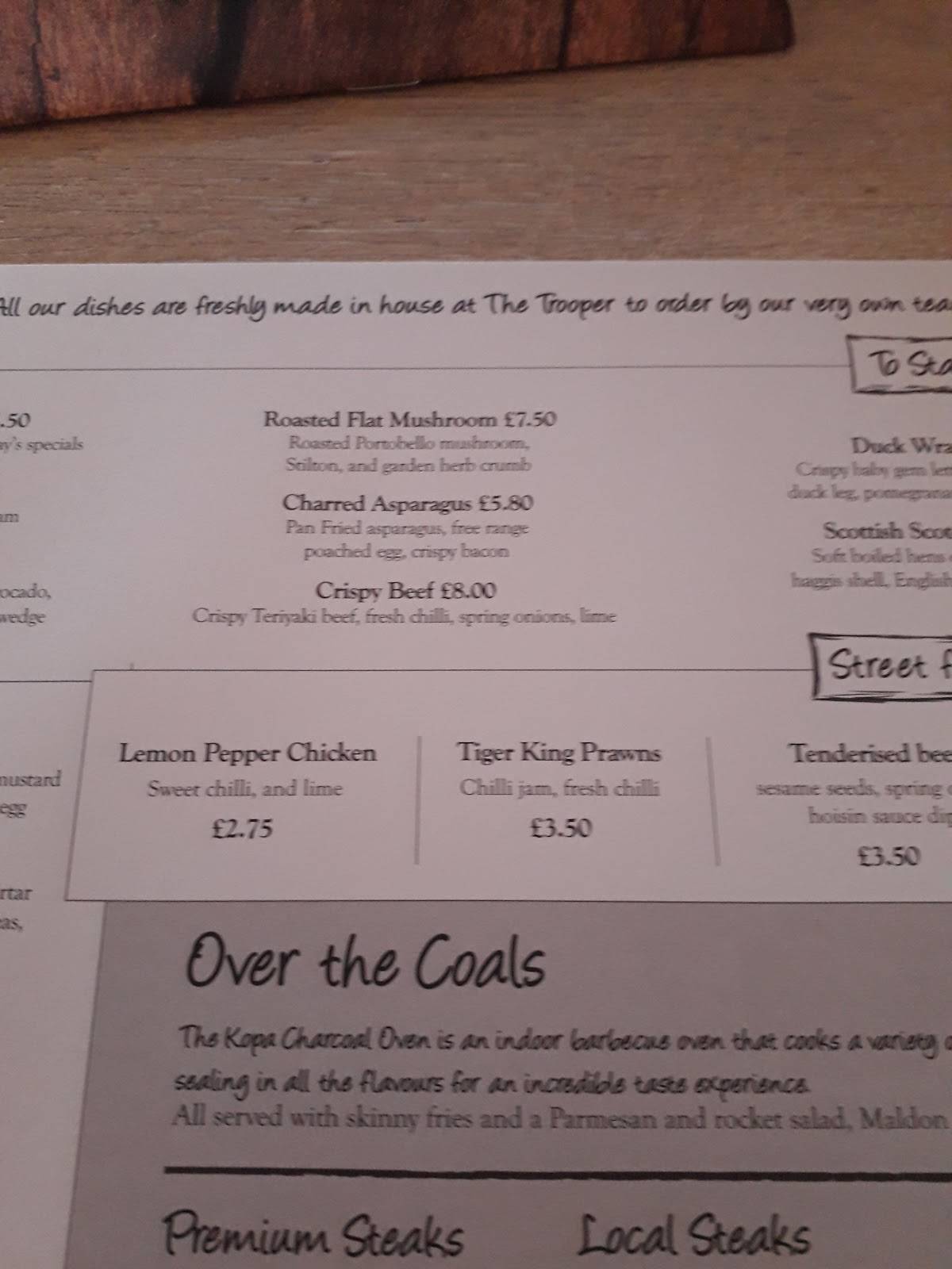 Menu at The Trooper restaurant, Lichfield