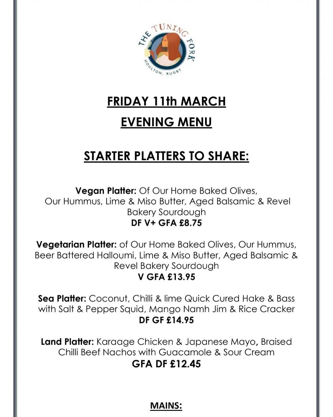 Menu at The Tuning Fork restaurant, Rugby