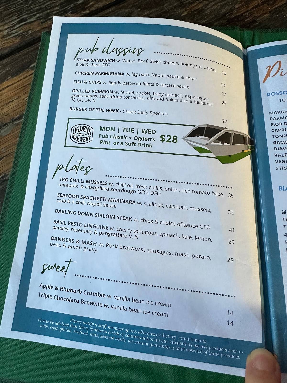 Menu at The Windsor Hotel restaurant, South Perth