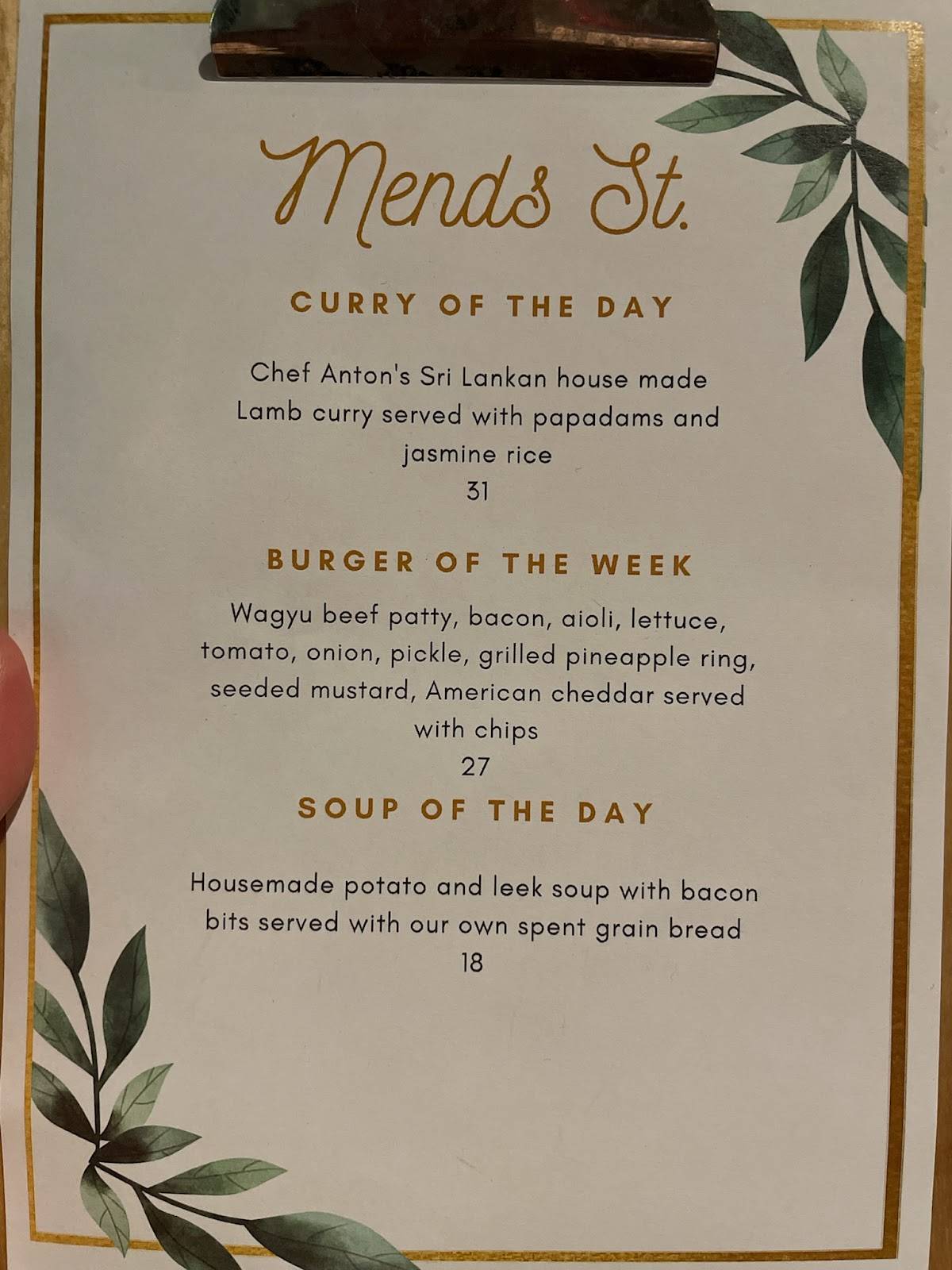 Menu at The Windsor Hotel restaurant, South Perth