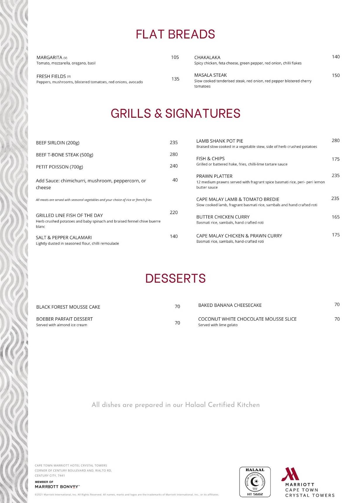 Menu at Towers Restaurant, Cape Town