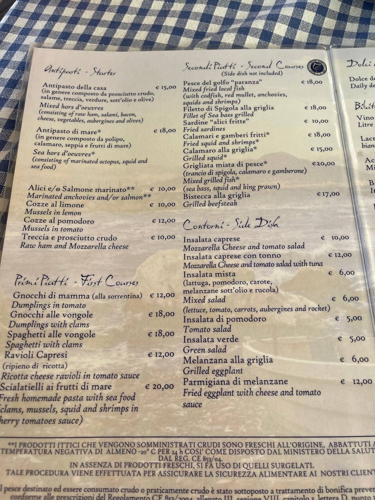 Menu at Trattoria Da Emilia restaurant, Sorrento