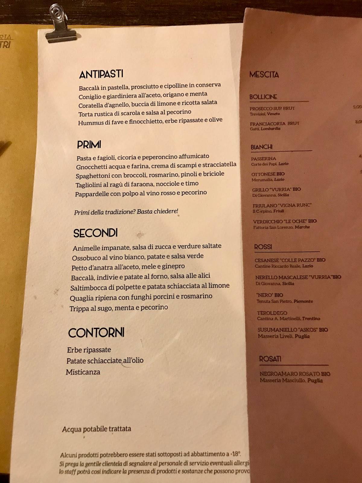 Menu da Trattoria Pennestri ristorante, Roma