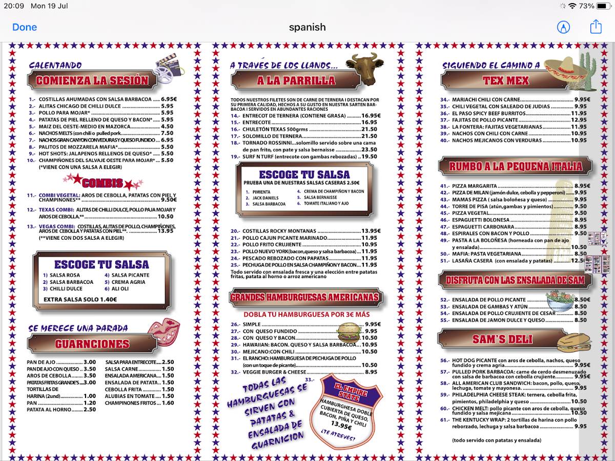 Menu at Uncle Sam's steakhouse, Salou