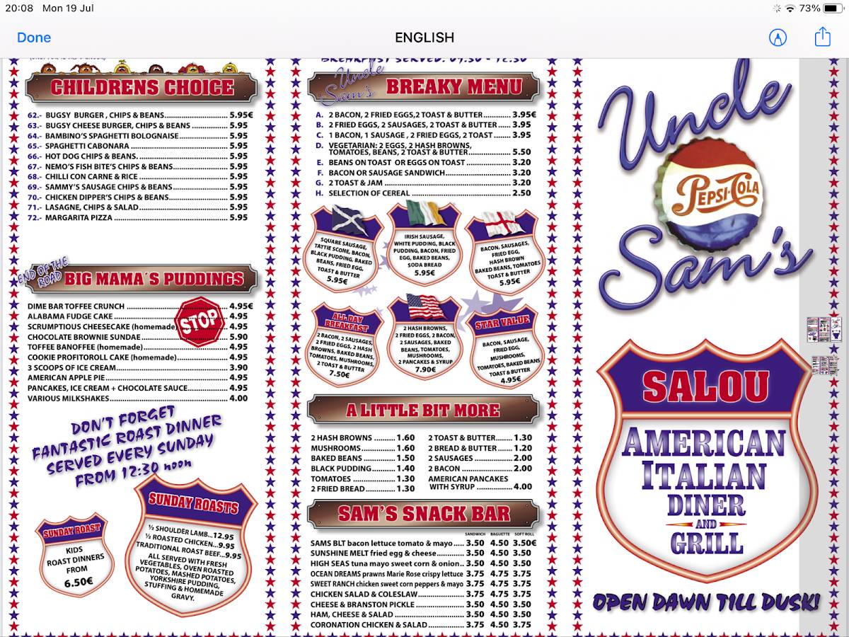 Menu at Uncle Sam's steakhouse, Salou