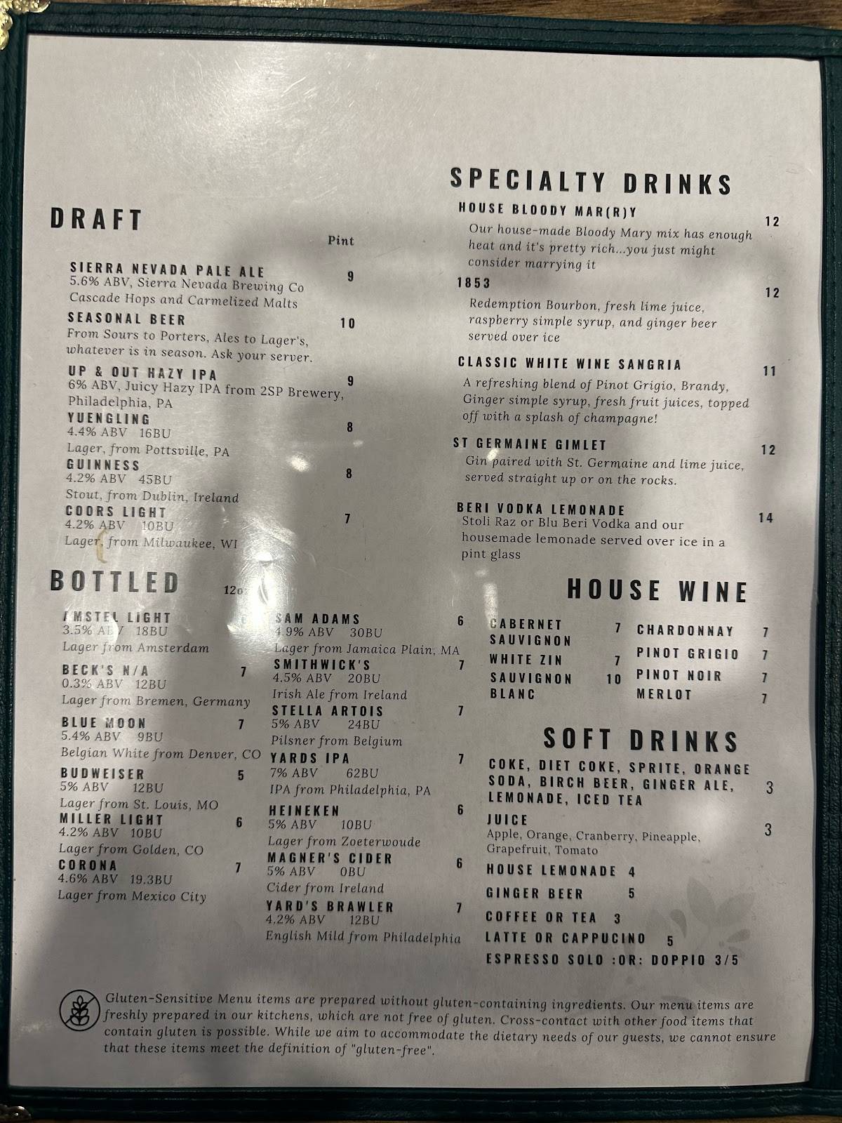 Menu at Valley Green Inn restaurant, Philadelphia