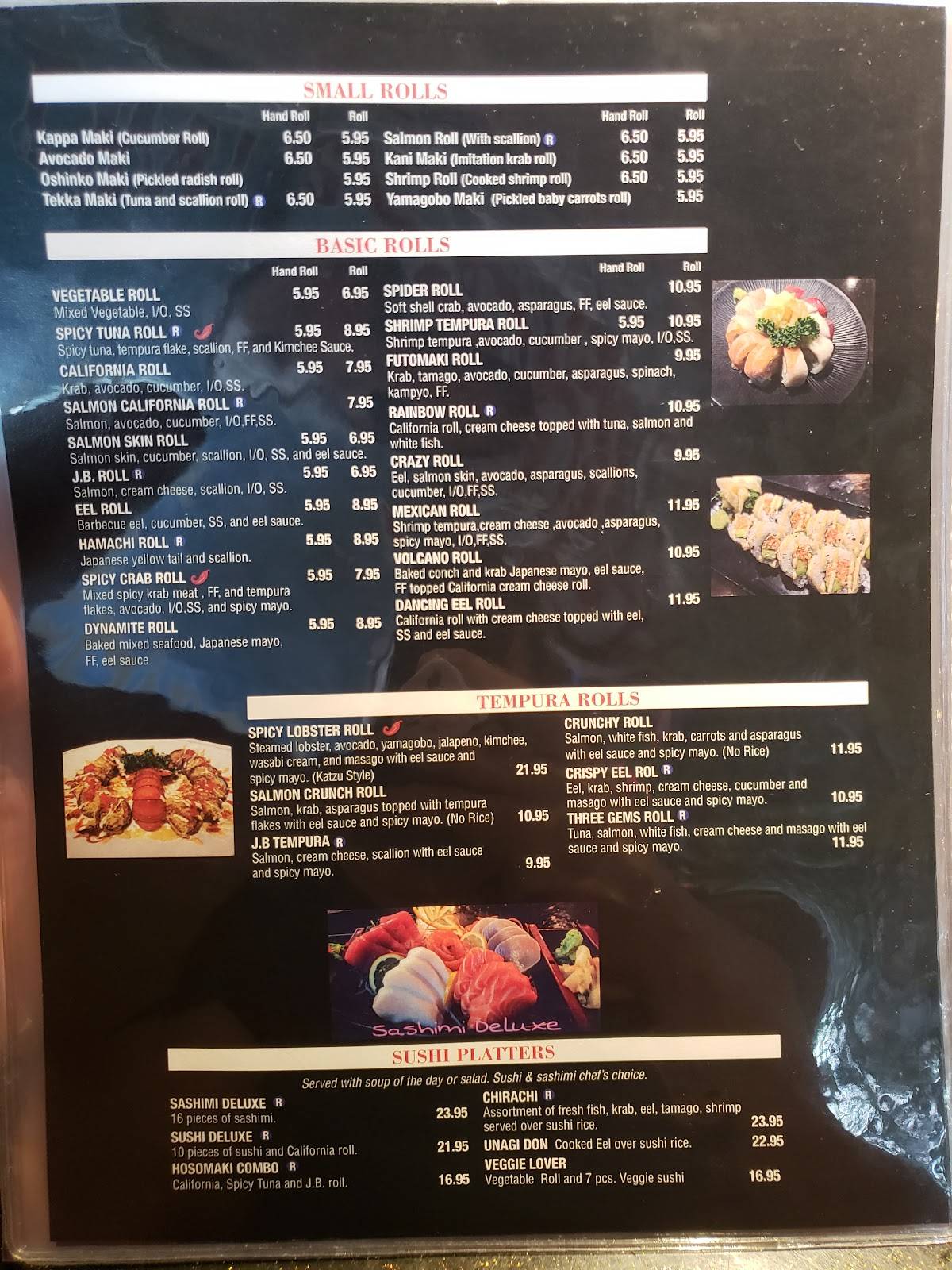 Menu at Wasabi Thai Sushi restaurant, Sebastian, US-1