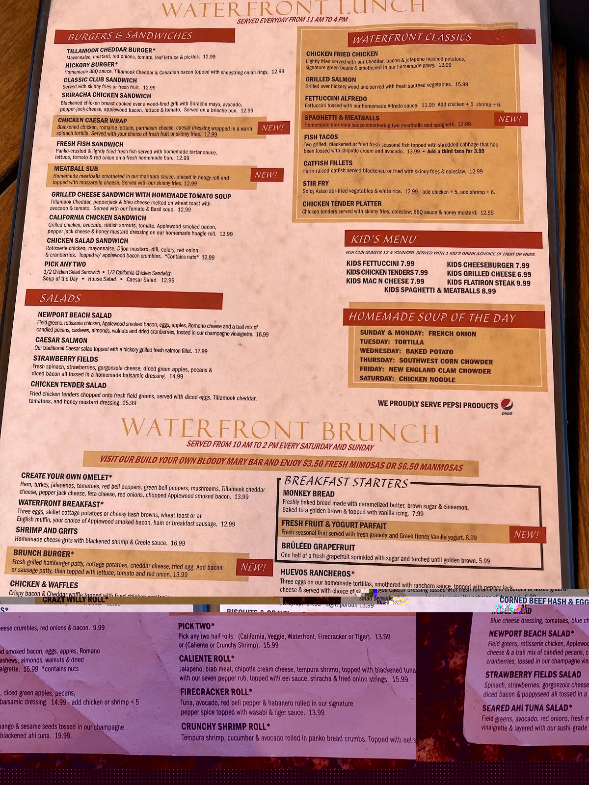Menu at Waterfront Grill Tulsa restaurant, Jenks