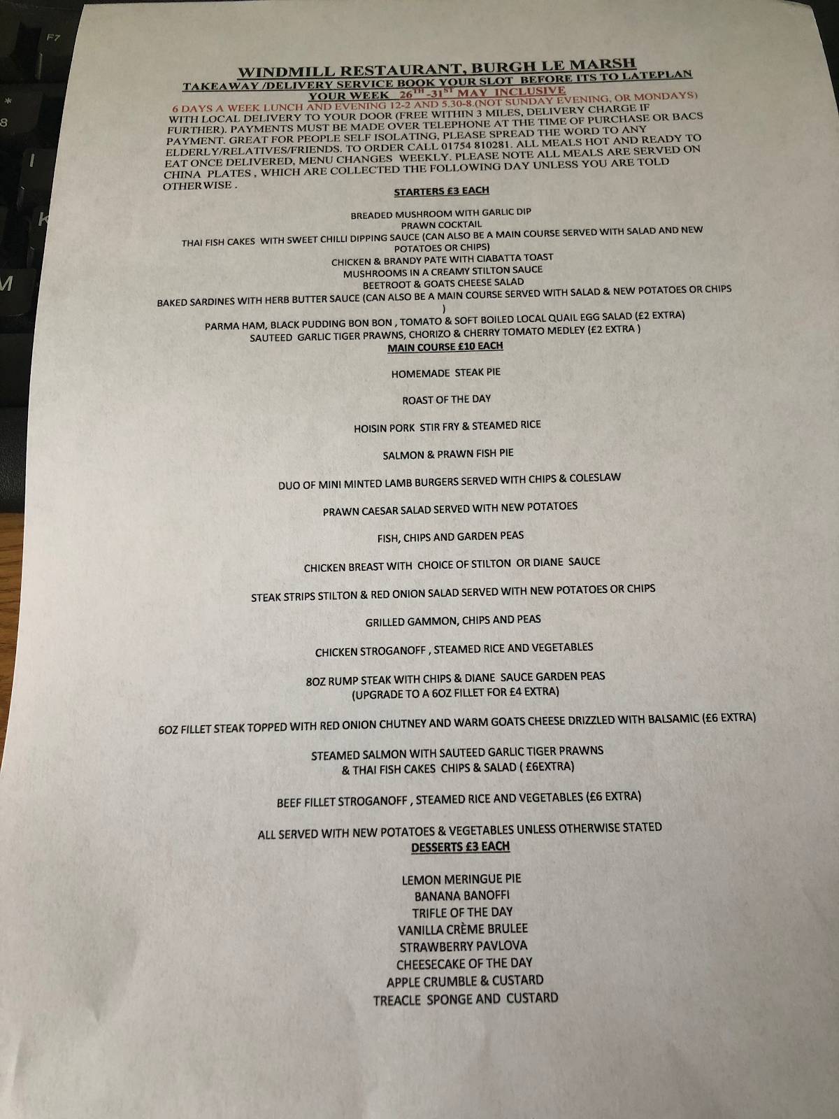 Menu at Windmill Restaurant, Burgh le Marsh