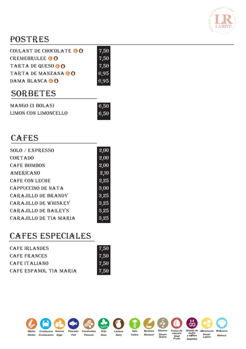 Carta de Restaurante La Rive Wining and Dining, El Albir