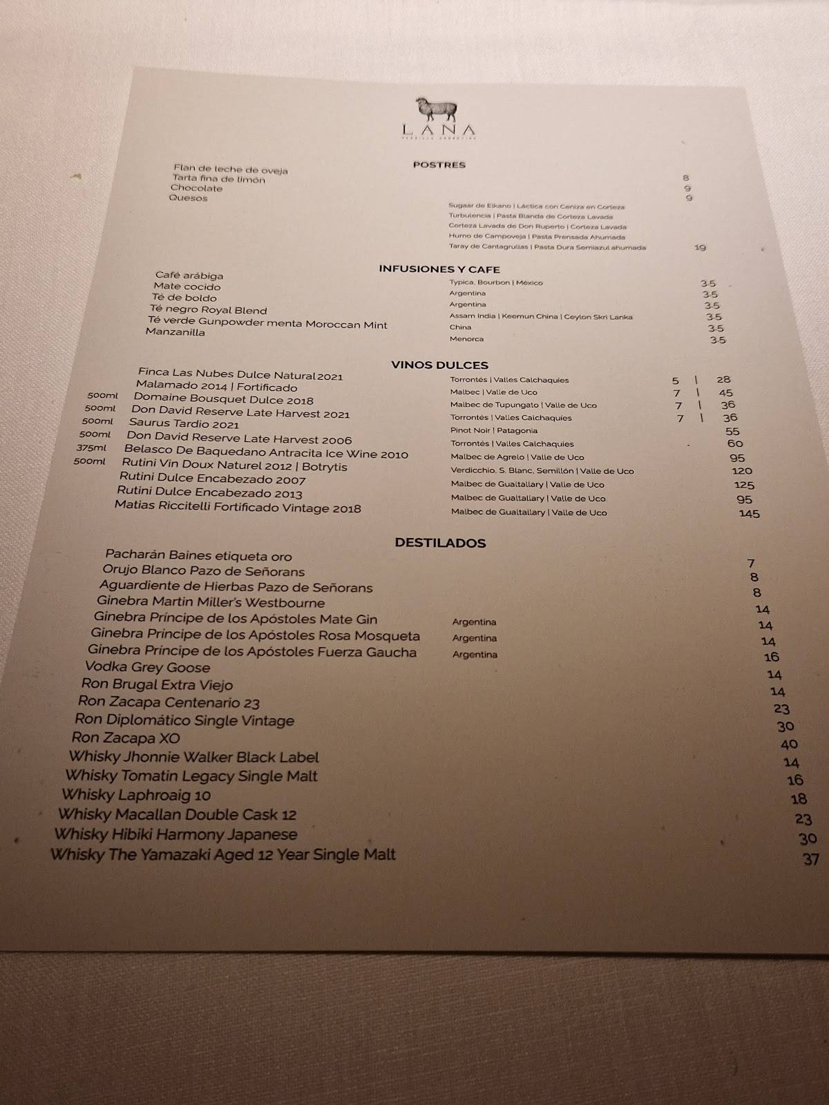 Carta de Restaurante Lana, Madrid
