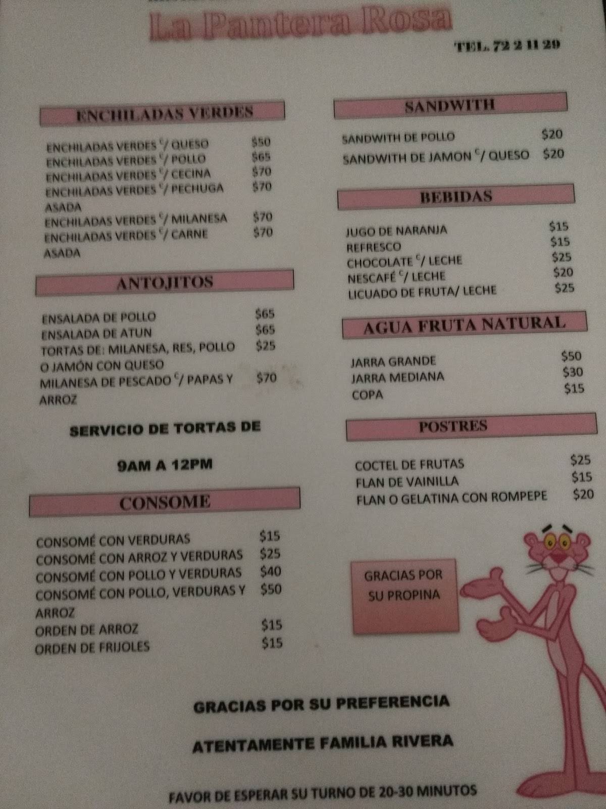 Carta de Restaurante la Pantera Rosa, Silao