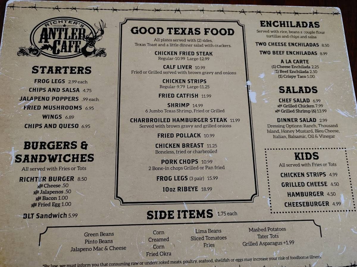Menu at Richter's Antler Cafe, Spring Branch