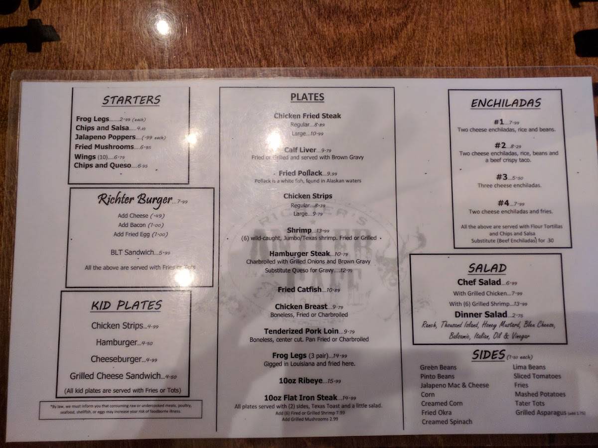 Menu at Richter's Antler Cafe, Spring Branch