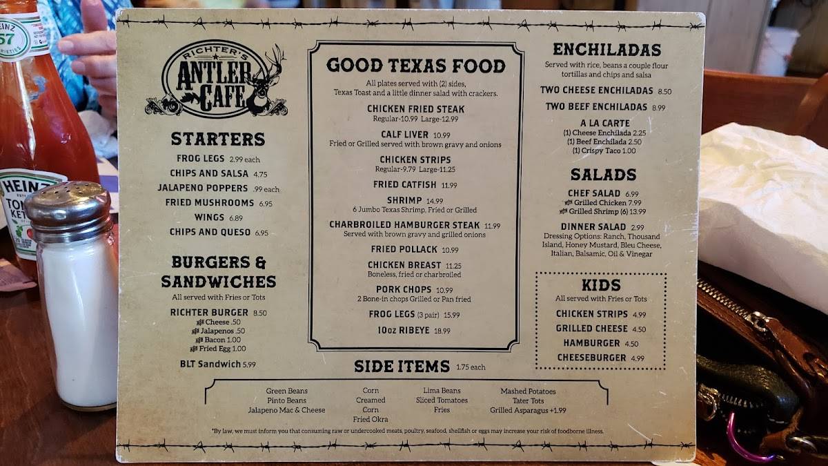 Menu at Richter's Antler Cafe, Spring Branch