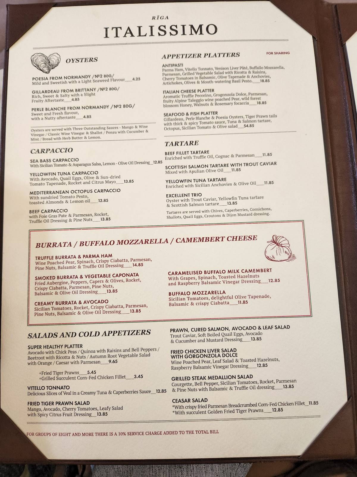 Menu at Italissimo restaurant, Riga