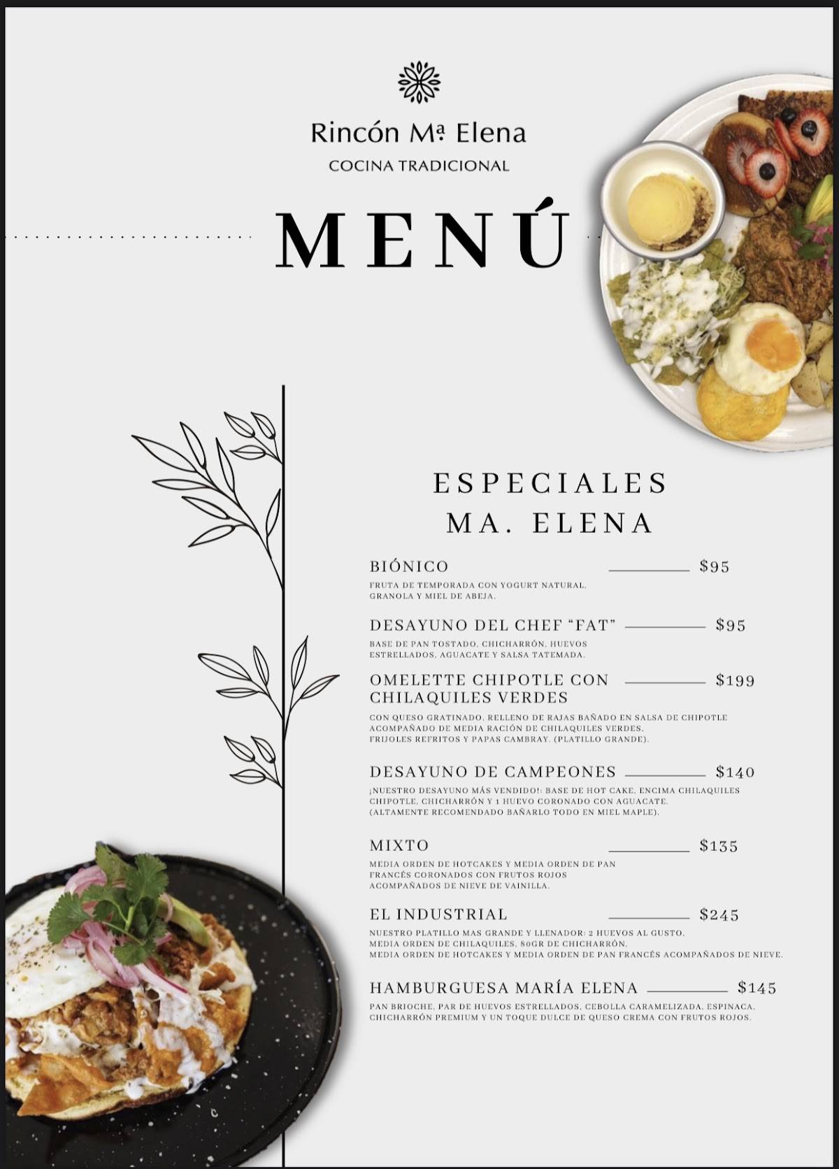 Carta del restaurante Rincón Ma' Elena, Durango