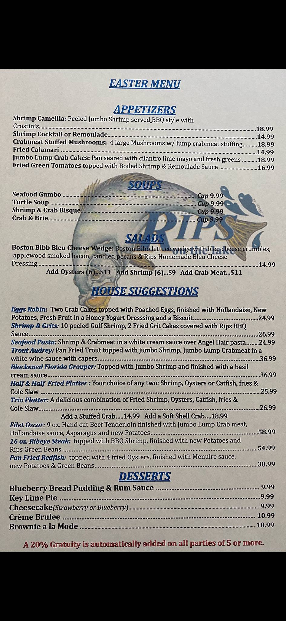 Menu at Rips On the Lake restaurant, Mandeville