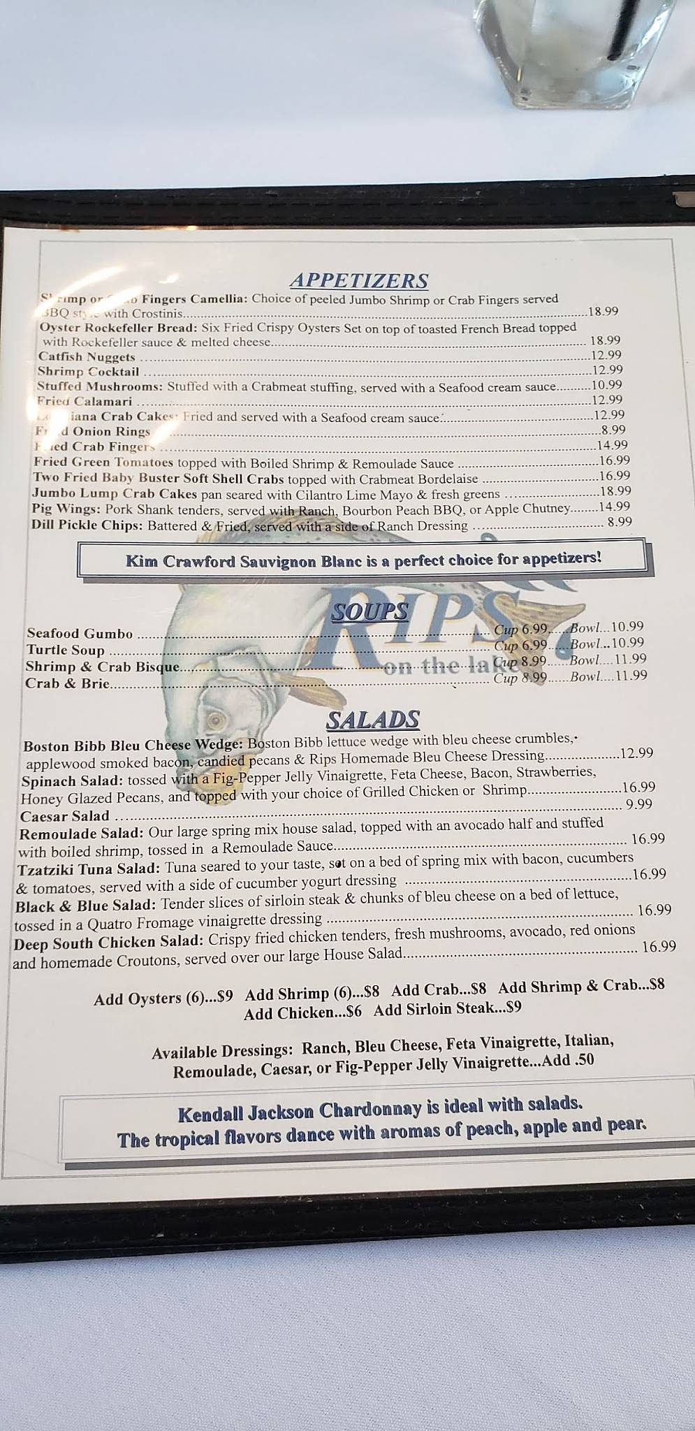 Menu at Rips On the Lake restaurant, Mandeville