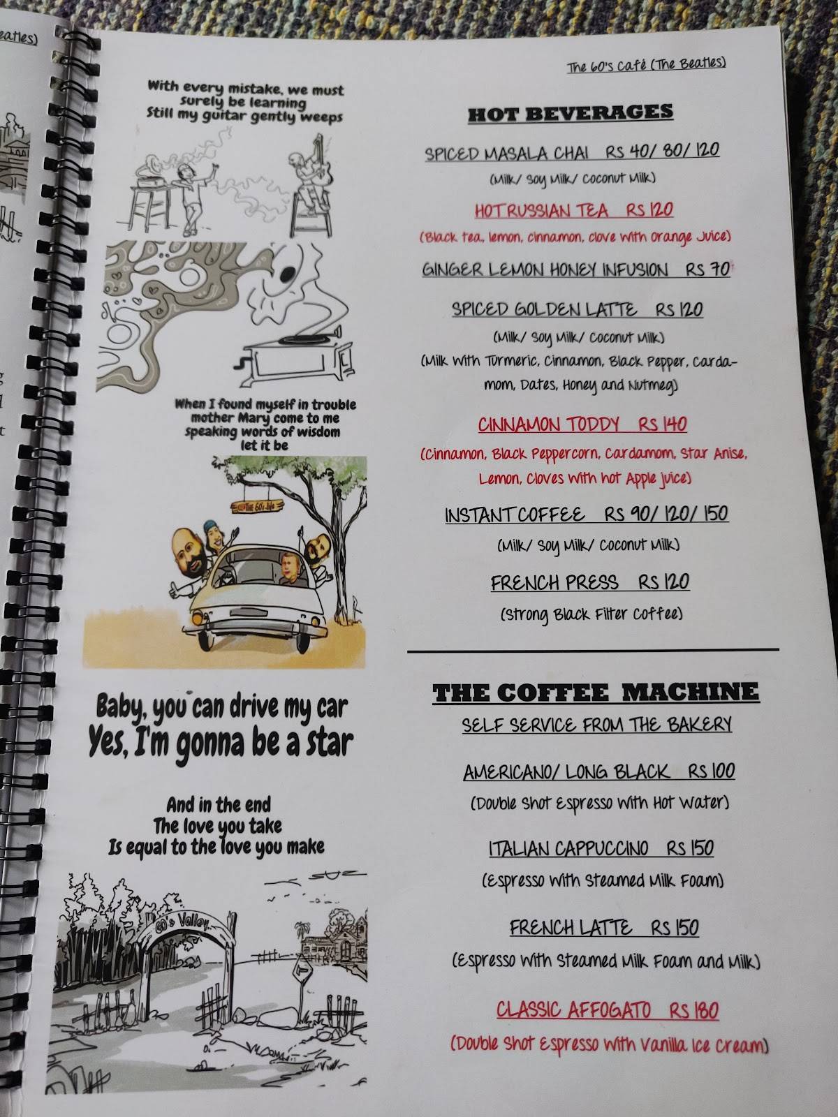 Menu at The 60's Cafe (The Beatles), Rishikesh