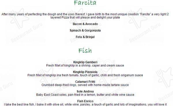 Menu at Ristorante Enrico restaurant, Keurboomstrand