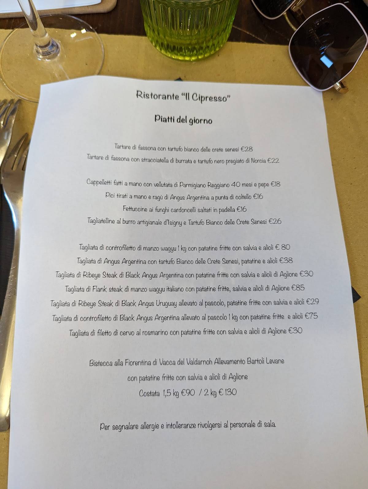 Menu da Ristorante Il Cipresso, Loro Ciuffenna