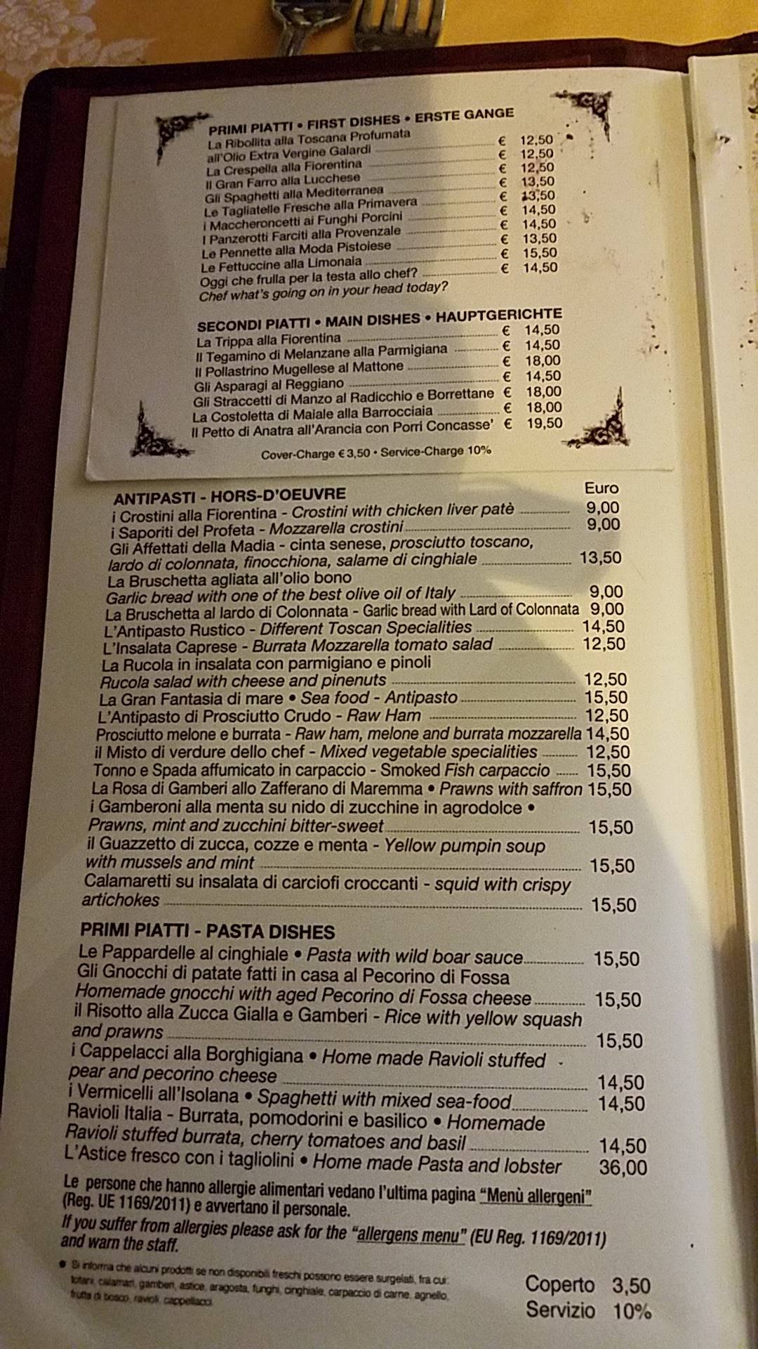 Menu at Ristorante Il Profeta Firenze, Florence