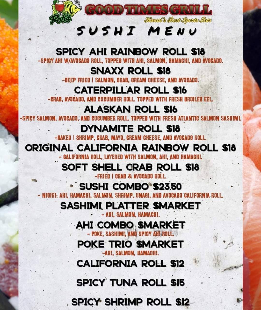 Menu at Rob's Good Times Grill pub & bar, Lihue