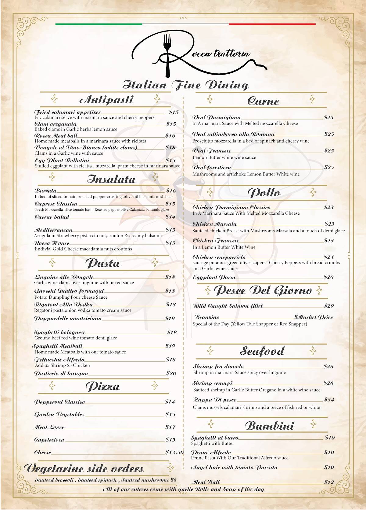 Menu at Rocca Trattoria Italian Restaurant, Lighthouse Point