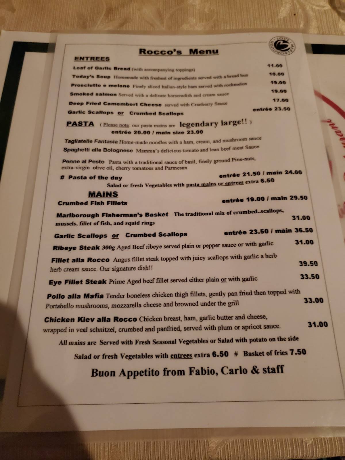 Menu at Rocco's Restaurant, Blenheim