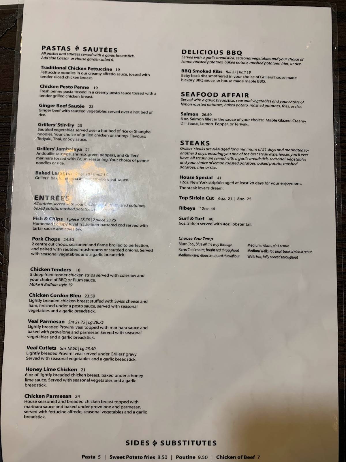Menu at Grillers Steakhouse, Rocky Mountain House