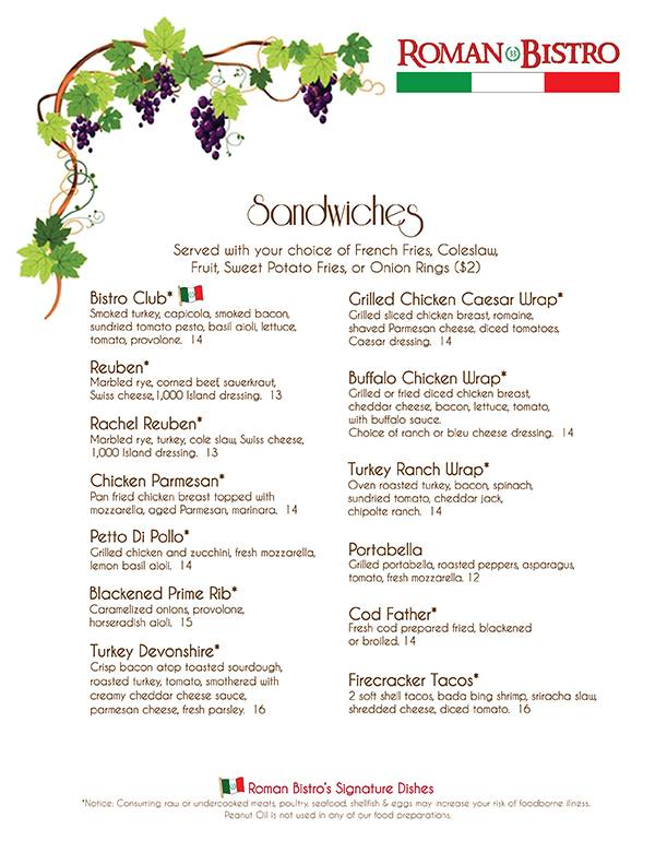 Menu at Roman Bistro pub & bar, Pittsburgh, Ardmore Blvd