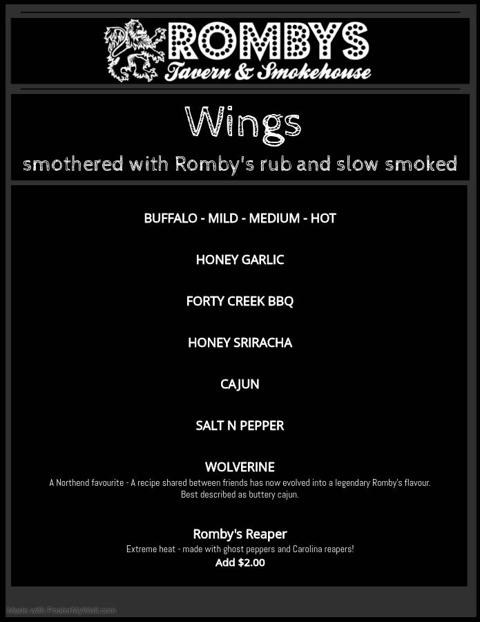 Menu at Romby's Tavern & Smokehouse pub & bar, St. Catharines