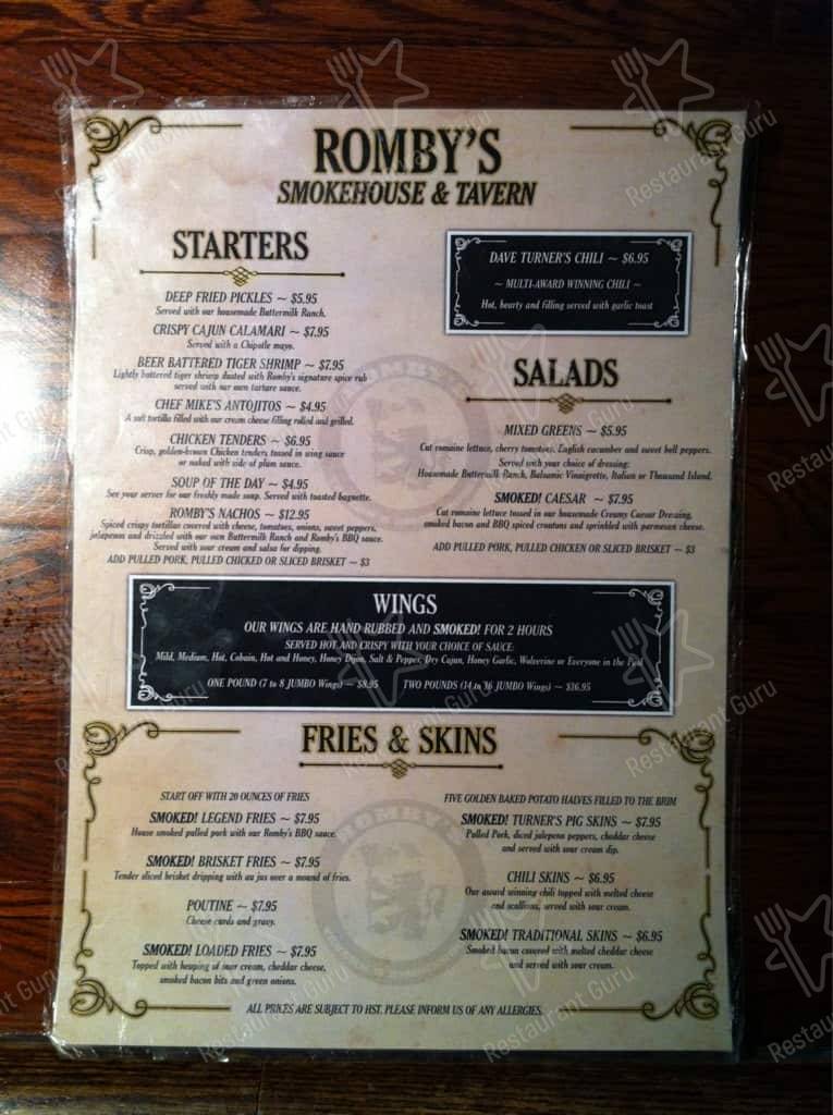 Menu at Romby's Tavern & Smokehouse pub & bar, St. Catharines