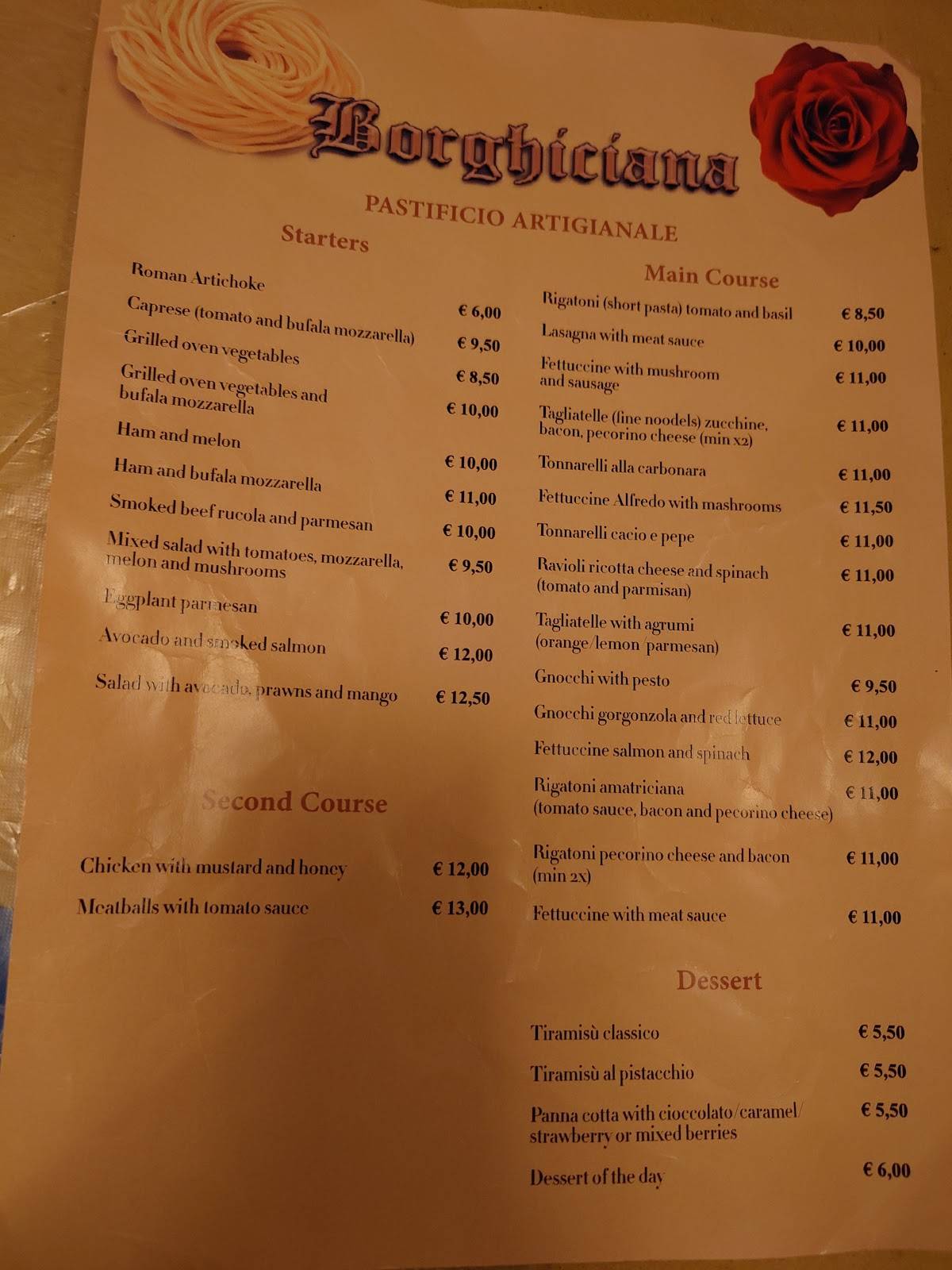 Menu at Borghiciana Pastificio Artigianale restaurant, Rome
