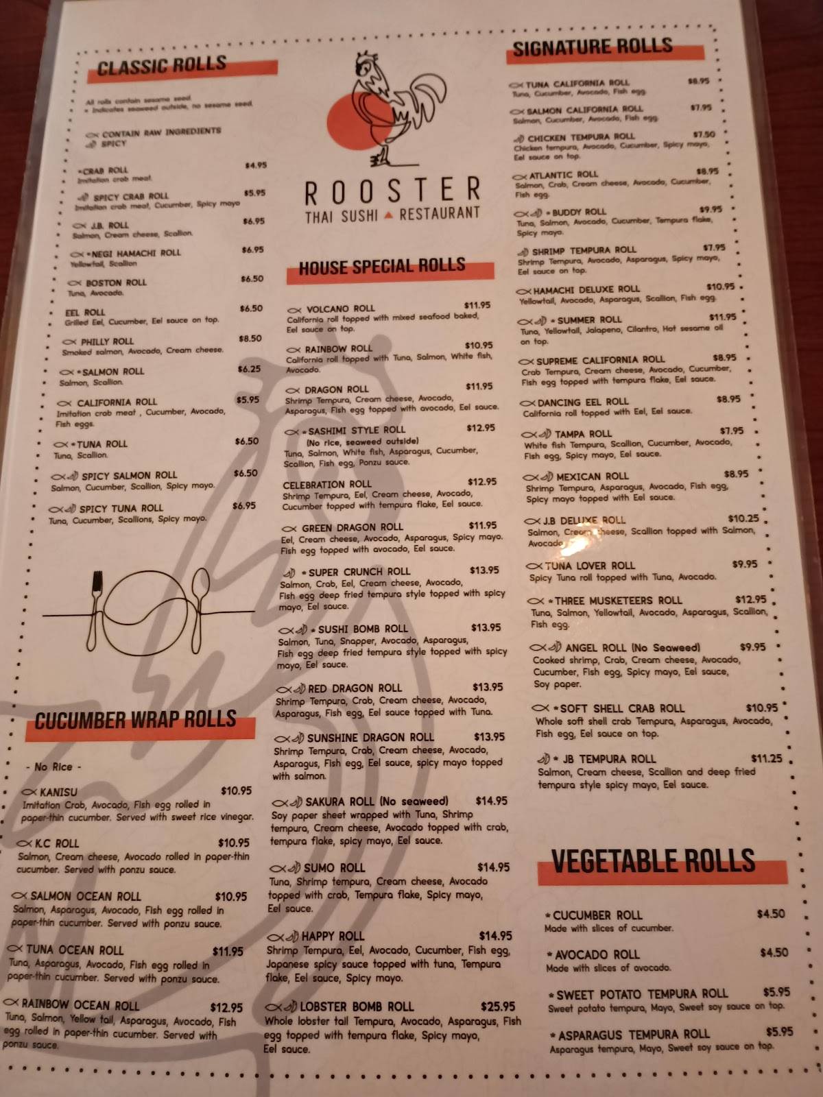 Menu at Rooster Thai Sushi restaurant, Port Richey