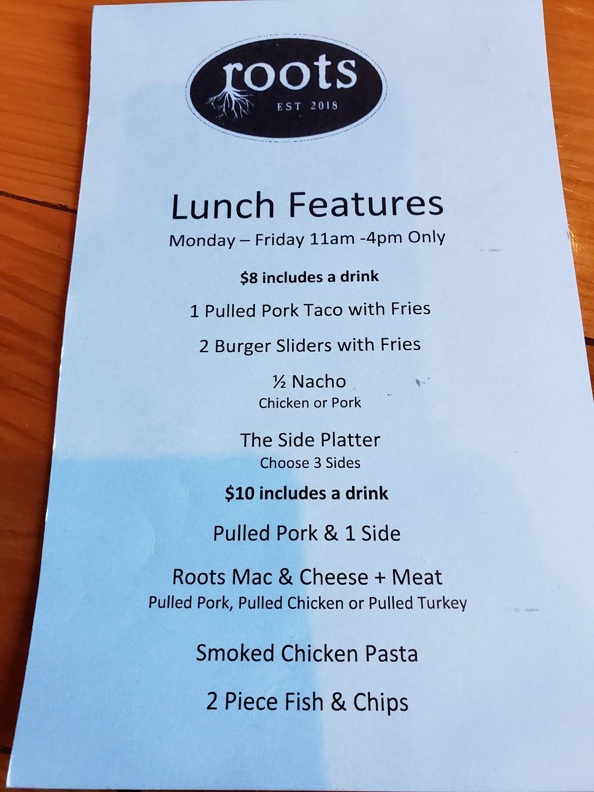 Menu at Roots BBQ, Almont