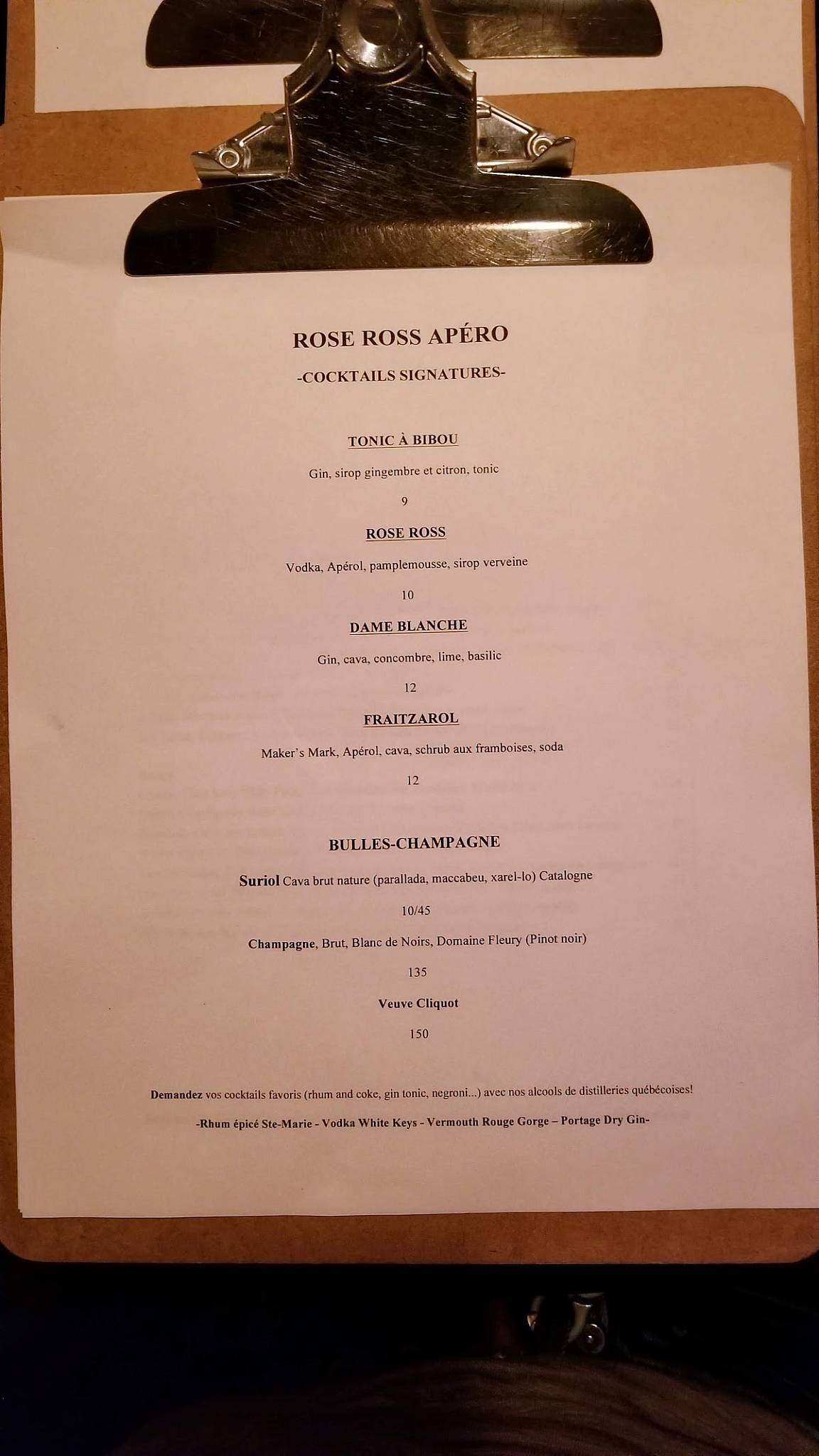 Menu au Rose Ross restaurant, Montréal