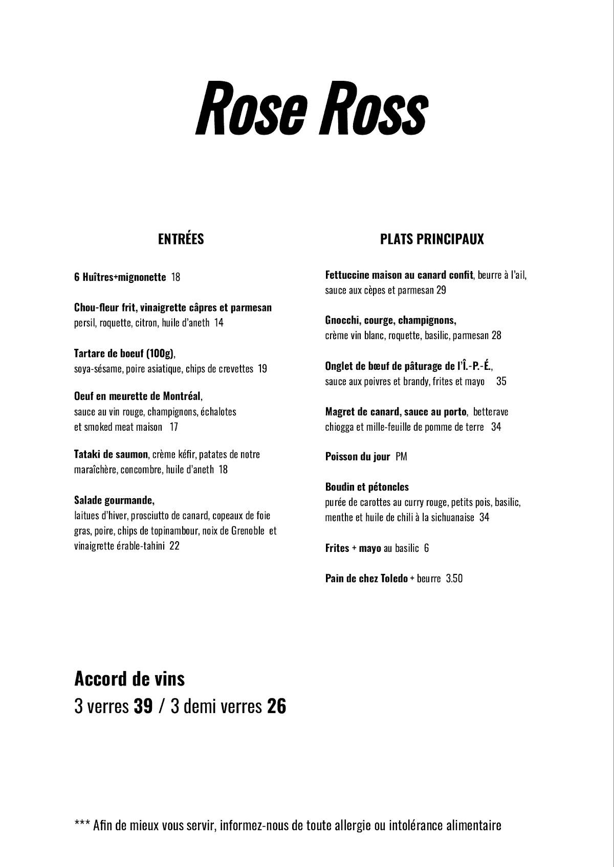 Menu au Rose Ross restaurant, Montréal