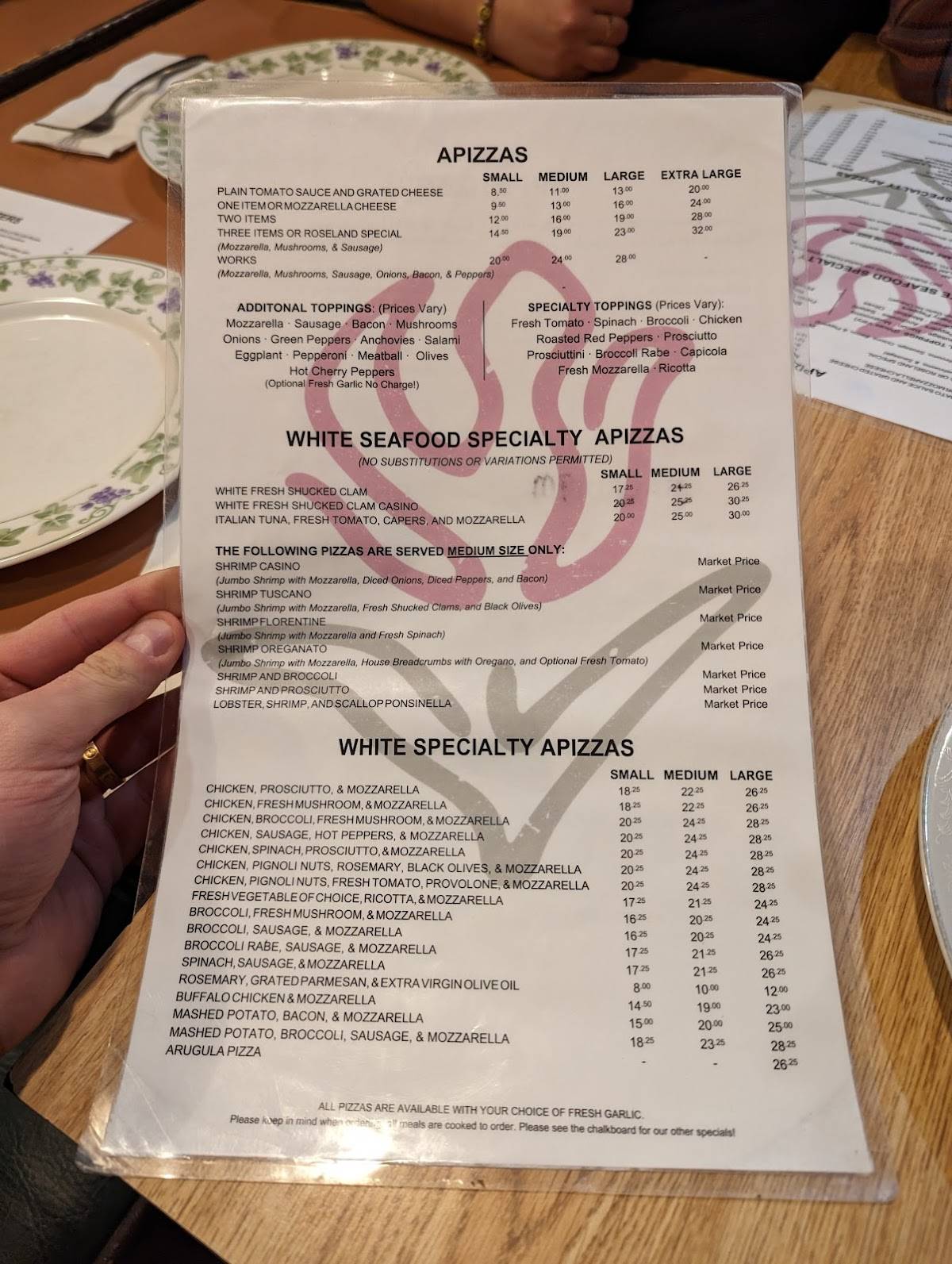 Menu at Roseland Apizza pizzeria, Derby