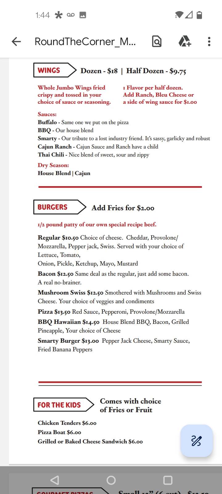 Menu at Round The Corner Eatery & Pizzeria, Curtisville