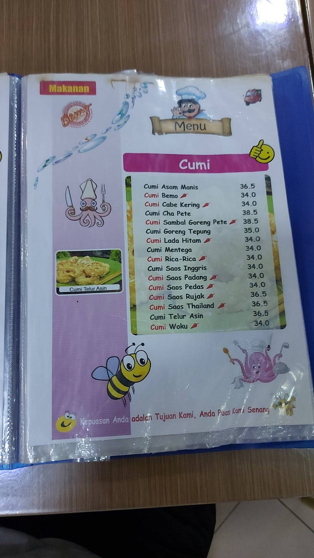 Menu at Rumah Makan Bemo restaurant, Samarinda