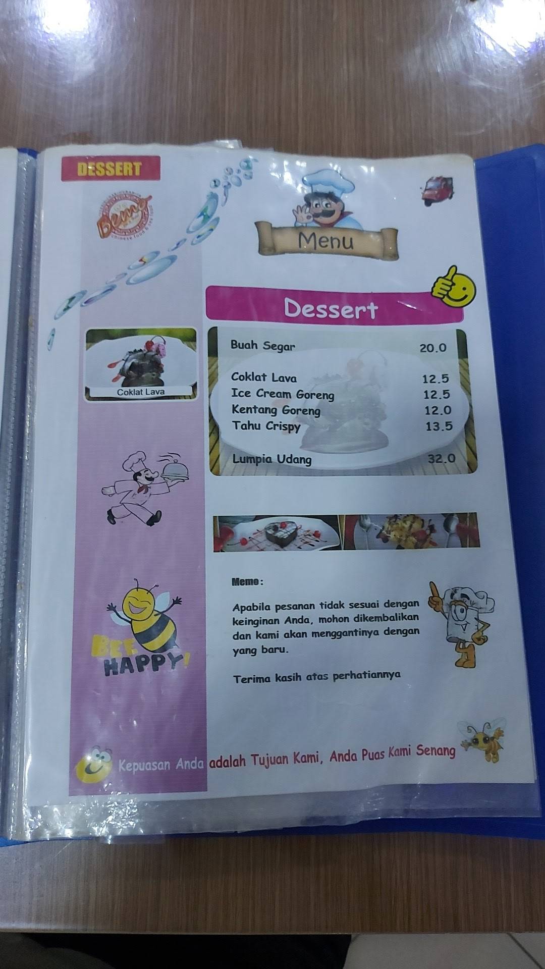 Menu at Rumah Makan Bemo restaurant, Samarinda