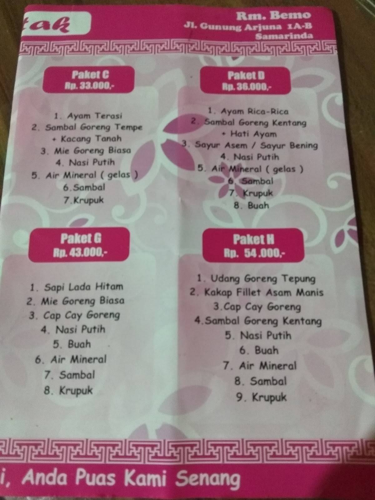 Menu at Rumah Makan Bemo restaurant, Samarinda