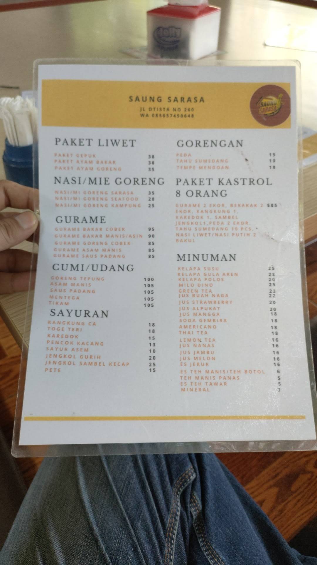Menu at Rumah makan Saung Sarasa restaurant, Subang
