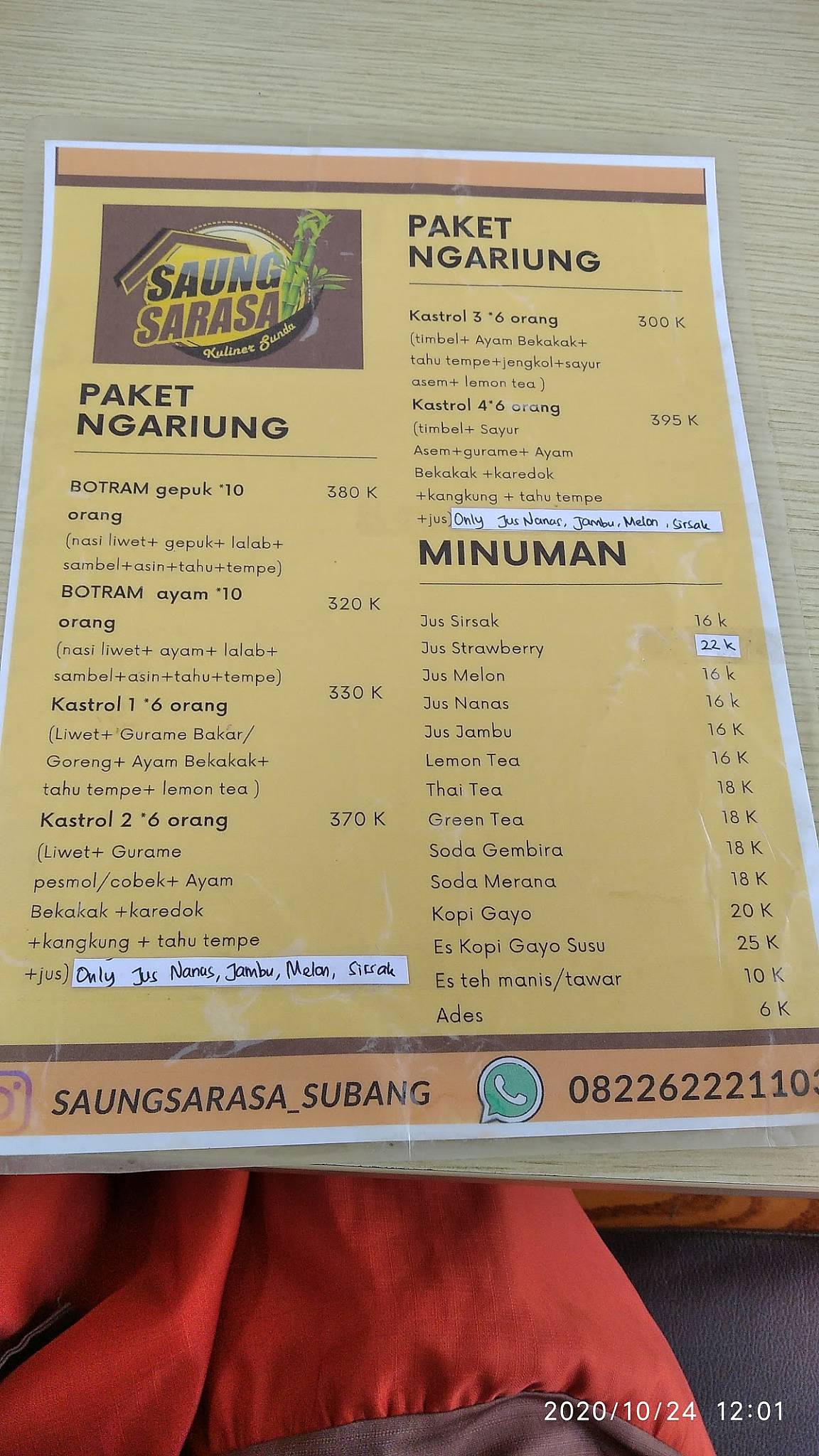 Menu at Rumah makan Saung Sarasa restaurant, Subang
